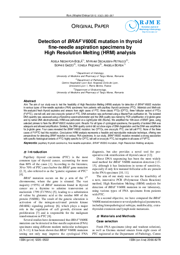 (PDF) Detection of BRAF V600E mutation in thyroid fine-needle aspiration specimens by High ...