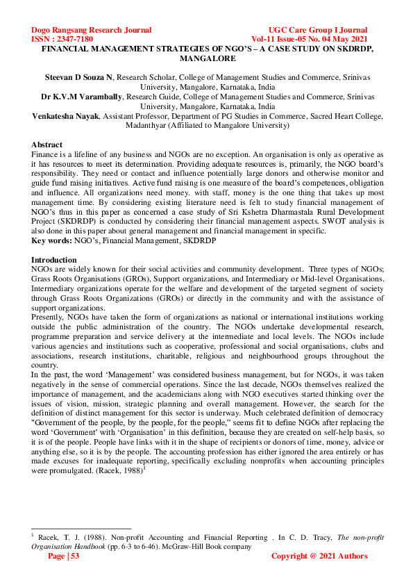 (PDF) Financial Management Strategies of Ngo's – a Case Study on SKDRDP ...
