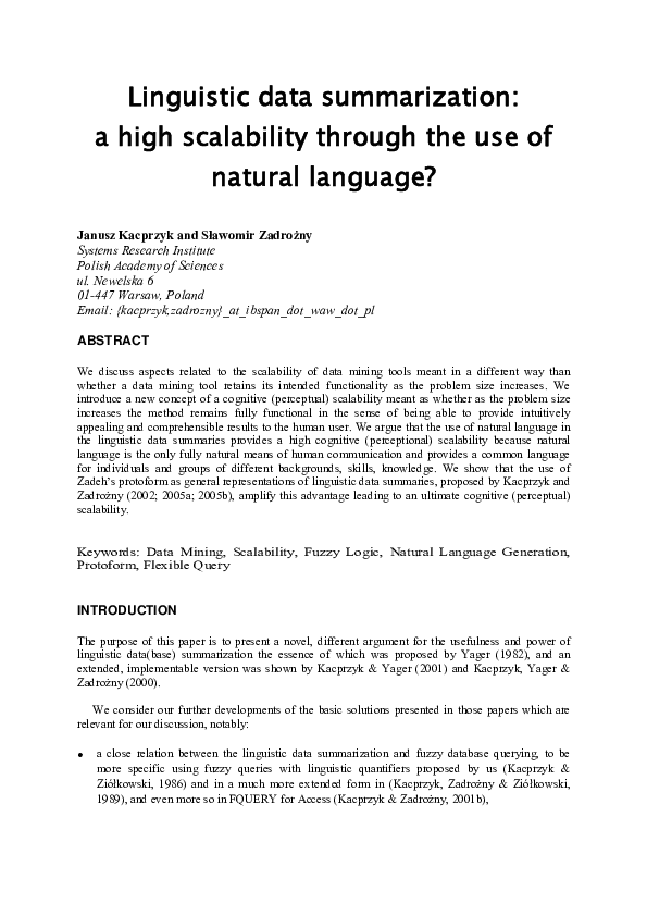 (PDF) Linguistic Data Summarization