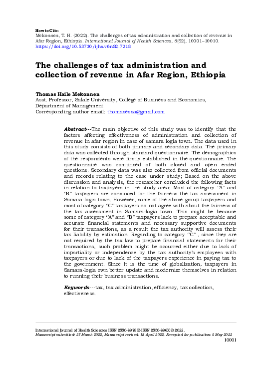 (PDF) challenges of tax administration and collection of revenue in ...