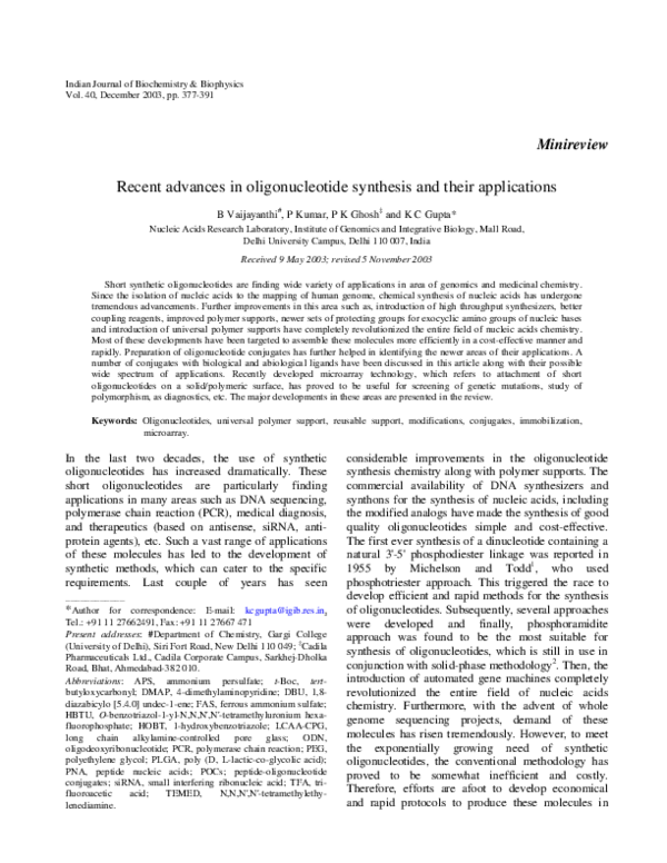 Pdf Recent Advances In Oligonucleotide Synthesis And Their Applications