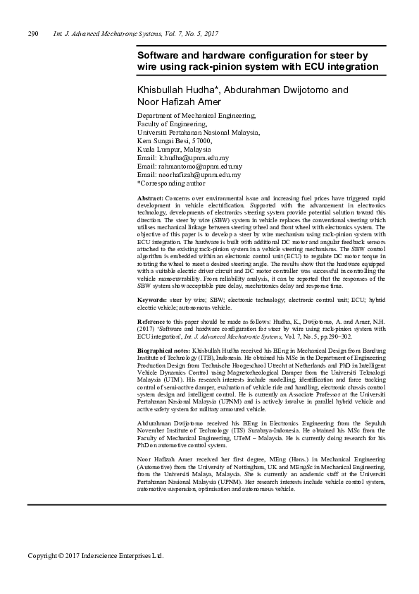 (PDF) Software and hardware configuration for steer by wire using rack-pinion system with ECU ...
