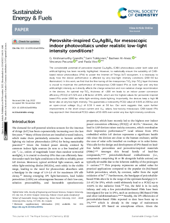 (PDF) Perovskite-inspired Cu2AgBiI6 for mesoscopic indoor photovoltaics under realistic low ...