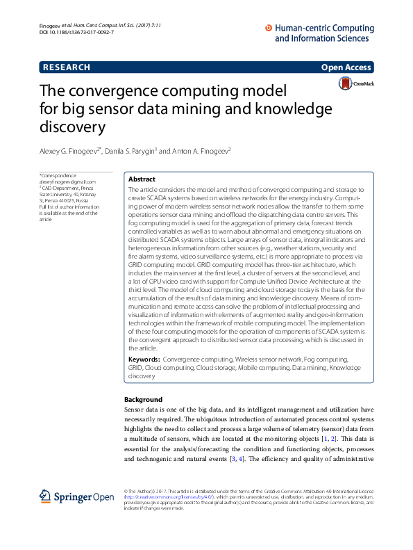 Pdf The Convergence Computing Model For Big Sensor Data Mining And Knowledge Discovery