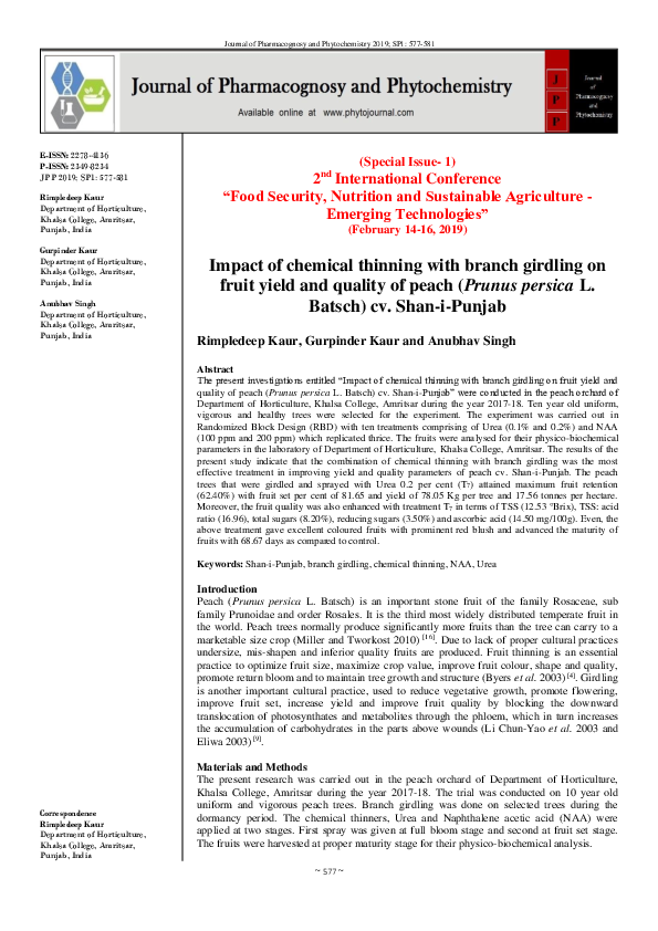 (PDF) Impact of chemical thinning with branch girdling on fruit yield and quality of peach ...