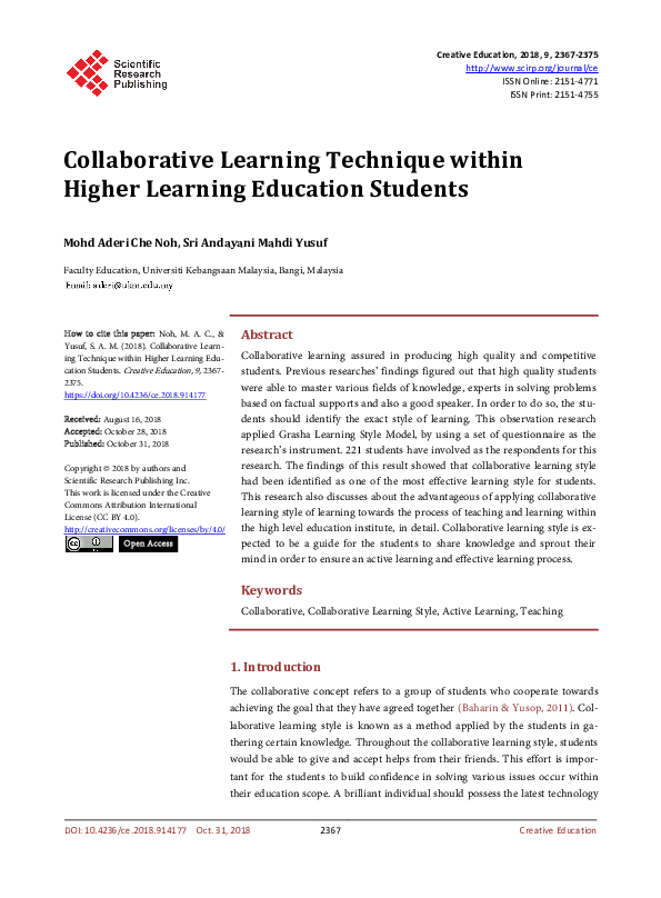 (PDF) Collaborative Learning Technique within Higher Learning Education ...