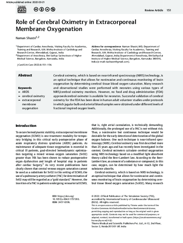 (PDF) Role of Cerebral Oximetry in Extracorporeal Membrane Oxygenation