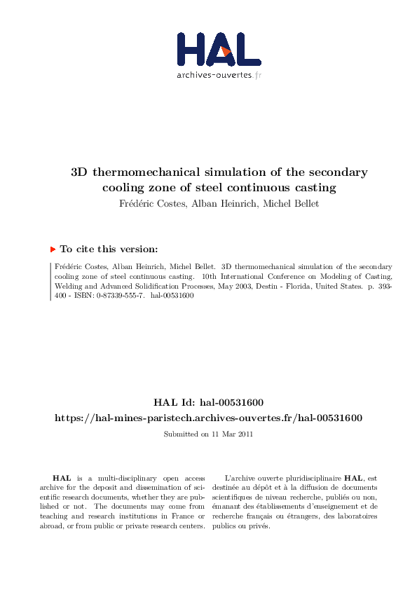 (PDF) 3D thermomechanical simulation of the secondary cooling zone of steel continuous casting
