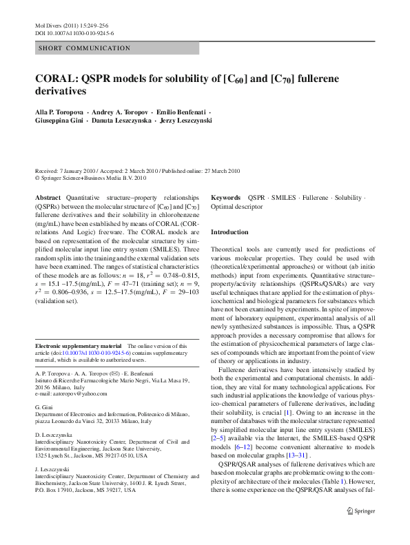 (PDF) CORAL: QSPR models for solubility of [C60] and [C70] fullerene ...