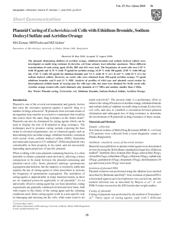 (PDF) Plasmid Curing of Escherichia coli Cells with Ethidium Bromide ...