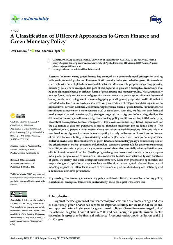 (PDF) A Classification of Different Approaches to Green Finance and ...