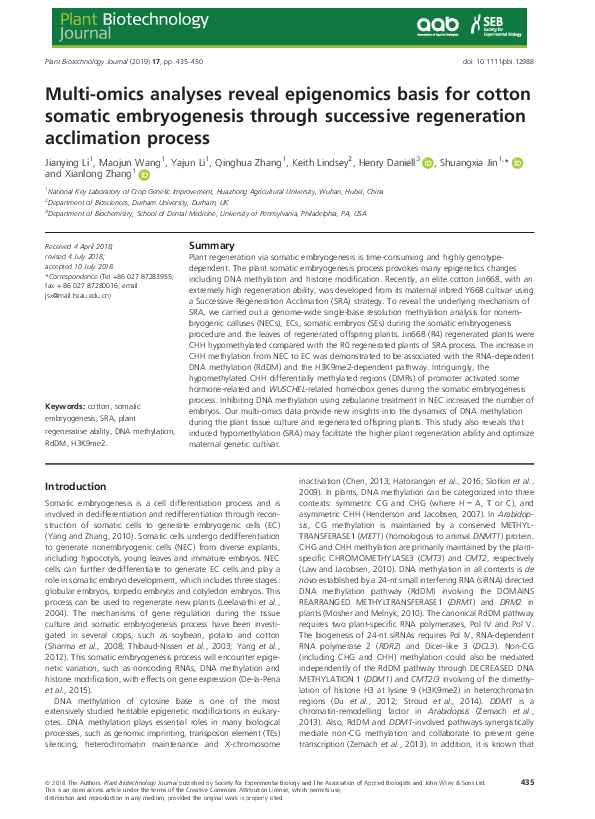 (PDF) Multi-omics analyses reveal epigenomics basis for cotton somatic embryogenesis through ...