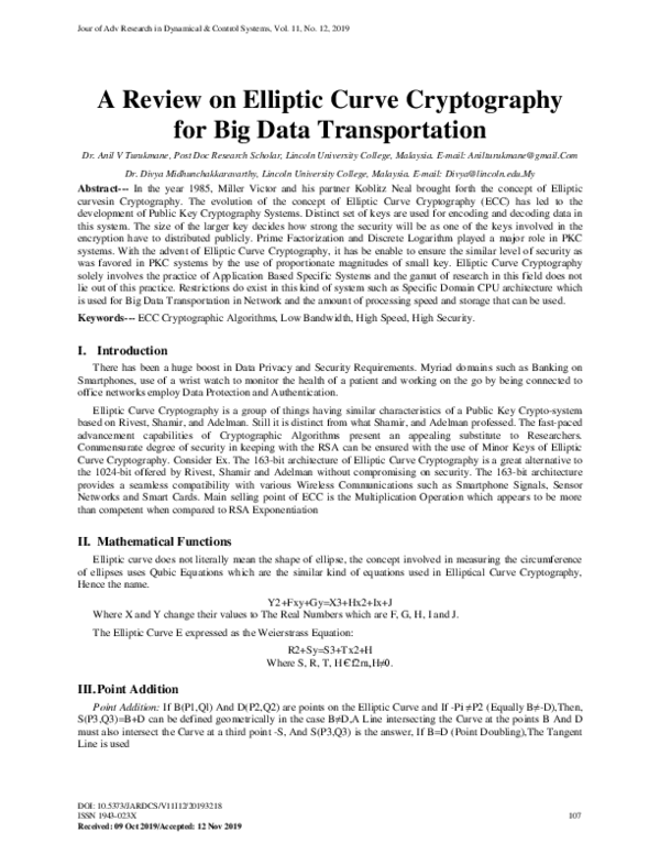 (PDF) A Review on Elliptic Curve Cryptography for Big Data Transportation