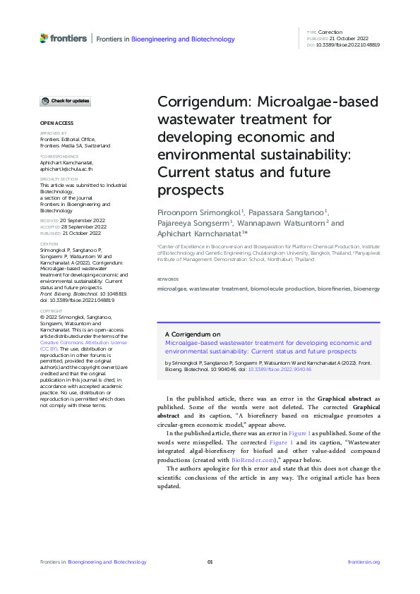 (PDF) Corrigendum: Microalgae-based wastewater treatment for developing economic and ...
