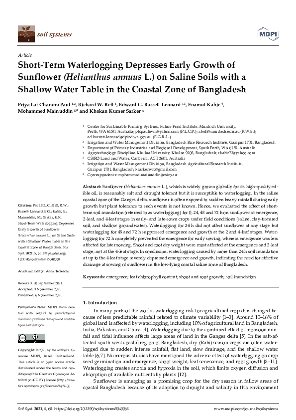 (PDF) Short-Term Waterlogging Depresses Early Growth of Sunflower (Helianthus annuus L.) on ...