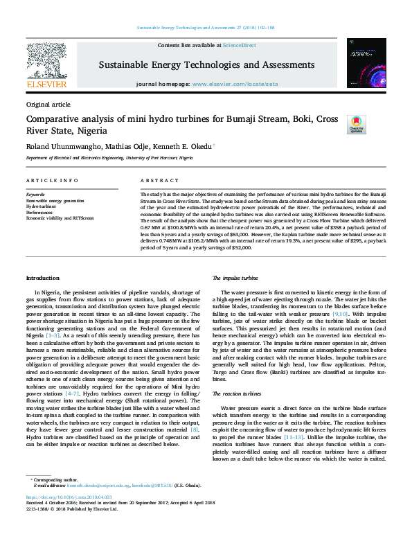 (PDF) Comparative analysis of mini hydro turbines for Bumaji Stream ...