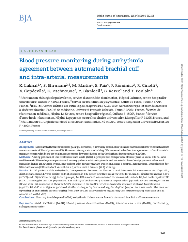 (PDF) Blood pressure monitoring during arrhythmia: agreement between ...