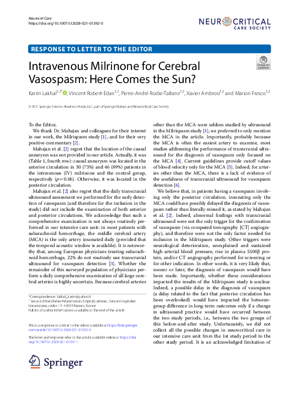 (PDF) Intravenous Milrinone for Cerebral Vasospasm in Subarachnoid ...