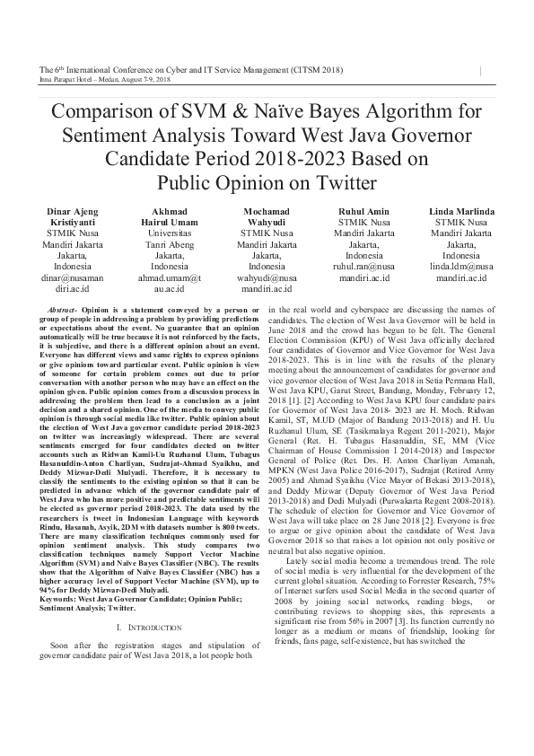 (PDF) Comparison of SVM & Naïve Bayes Algorithm for Sentiment Analysis Toward West Java Governor ...