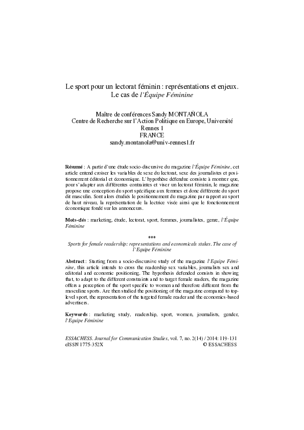 (PDF) Le sport pour un lectorat féminin : représentations et enjeux. Le ...