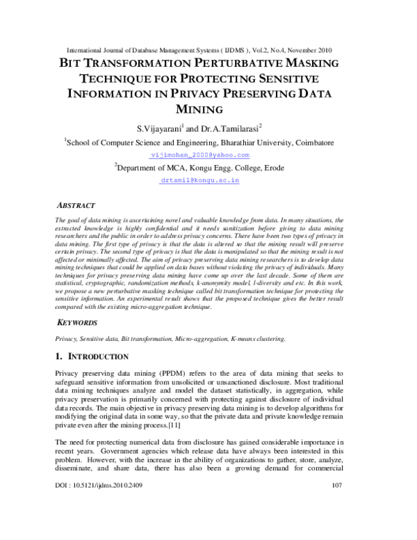 (PDF) Bit Transformation Perturbative Masking Technique for Protecting Sensitive Information In ...