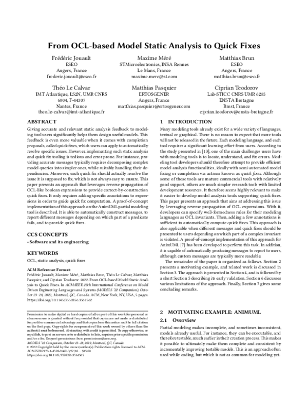 (PDF) From OCL-based model static analysis to quick fixes