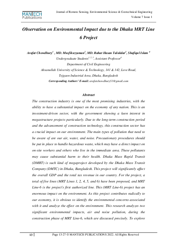 (PDF) Observation on Environmental Impact due to the Dhaka MRT Line 6 ...