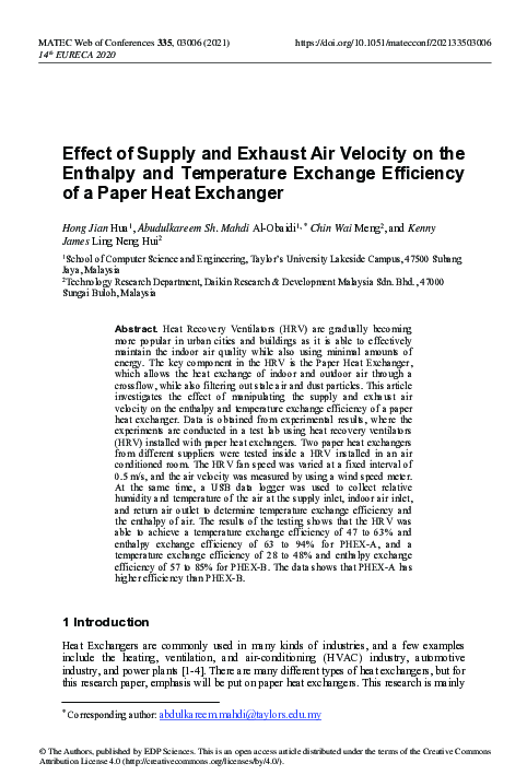 (PDF) Effect of Supply and Exhaust Air Velocity on the Enthalpy and ...