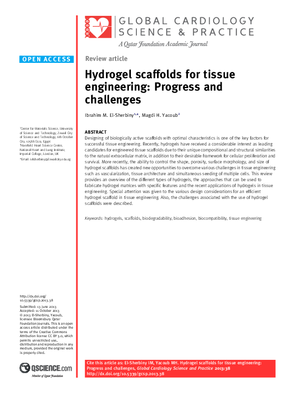 (PDF) Hydrogel scaffolds for tissue engineering: Progress and challenges