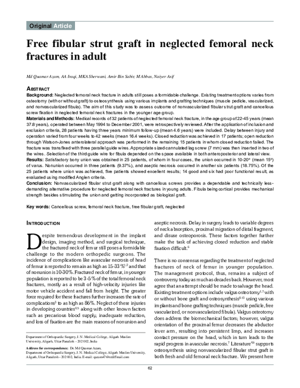 (PDF) Free fibular strut graft in neglected femoral neck fractures in adult