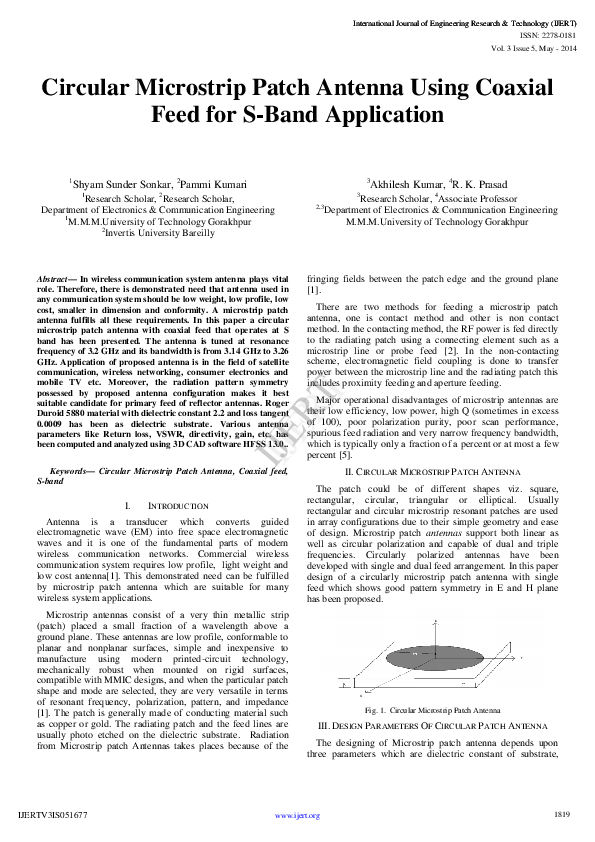 (PDF) Circular Microstrip Patch Antenna Using Coaxial Feed for S-Band Application