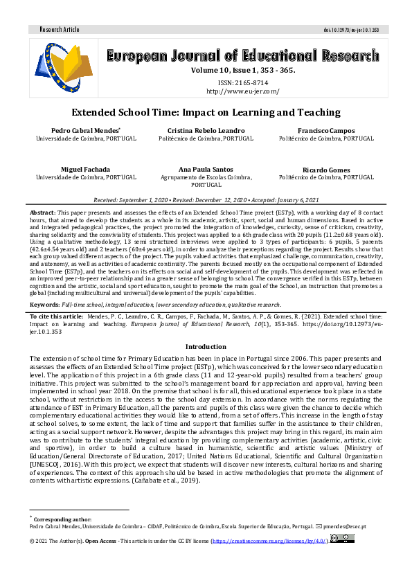 (PDF) Extended School Time: Impact on Learning and Teaching