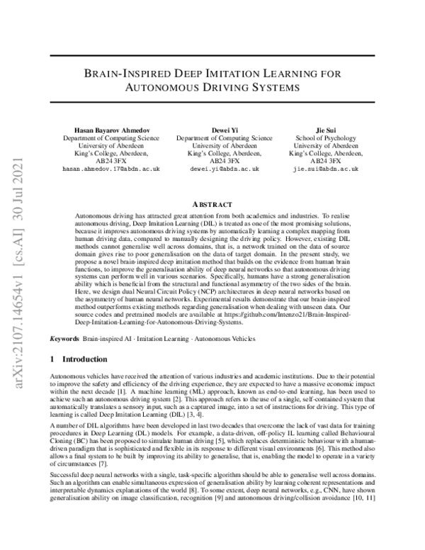 Pdf Brain Inspired Deep Imitation Learning For Autonomous Driving Systems