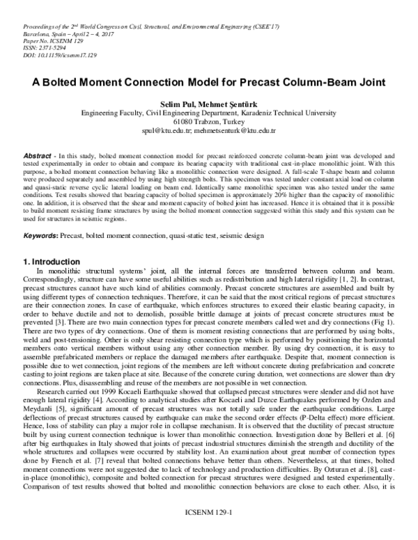 (PDF) A Bolted Moment Connection Model for Precast Column-Beam Joint
