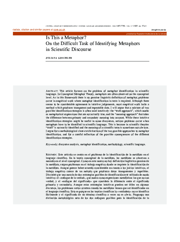 (PDF) Is this a metaphor? On the difficult task of identifying ...
