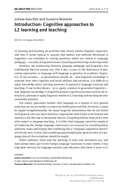 (PDF) Introduction: Cognitive approaches to L2 learning and teaching