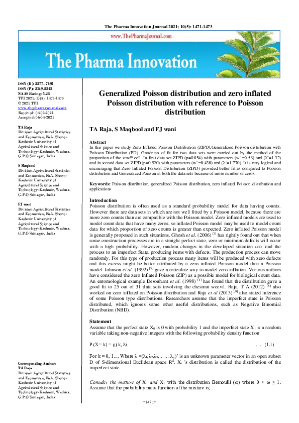 Pdf Generalized Poisson Distribution And Zero Inflated Poisson Distribution With Reference To