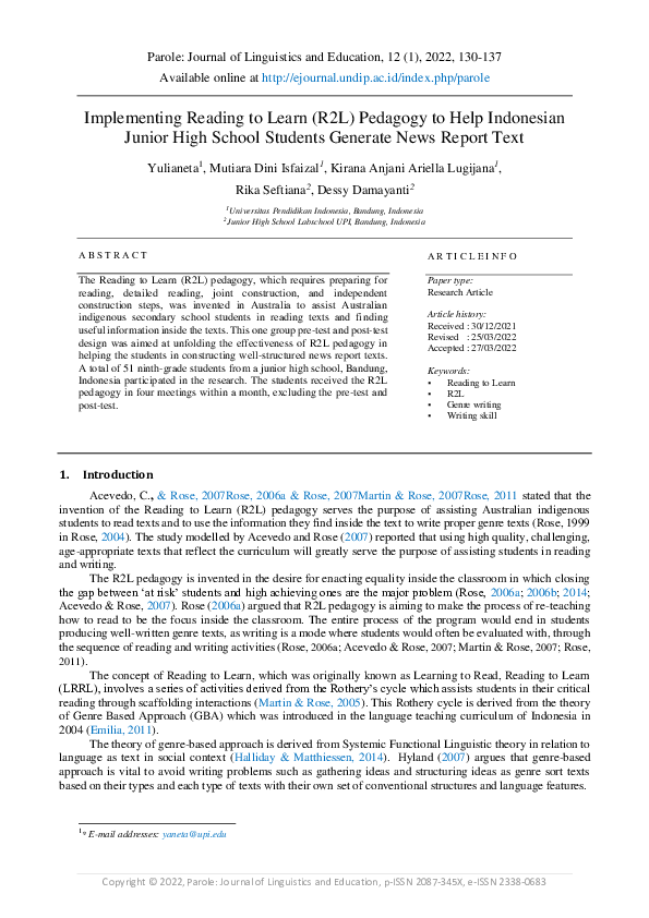 (PDF) Implementing Reading to Learn (R2L) Pedagogy to Help Indonesian ...