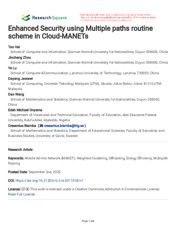 Pdf Enhanced Security Using Multiple Paths Routine Scheme In Cloud Manets Cresantus Biamba