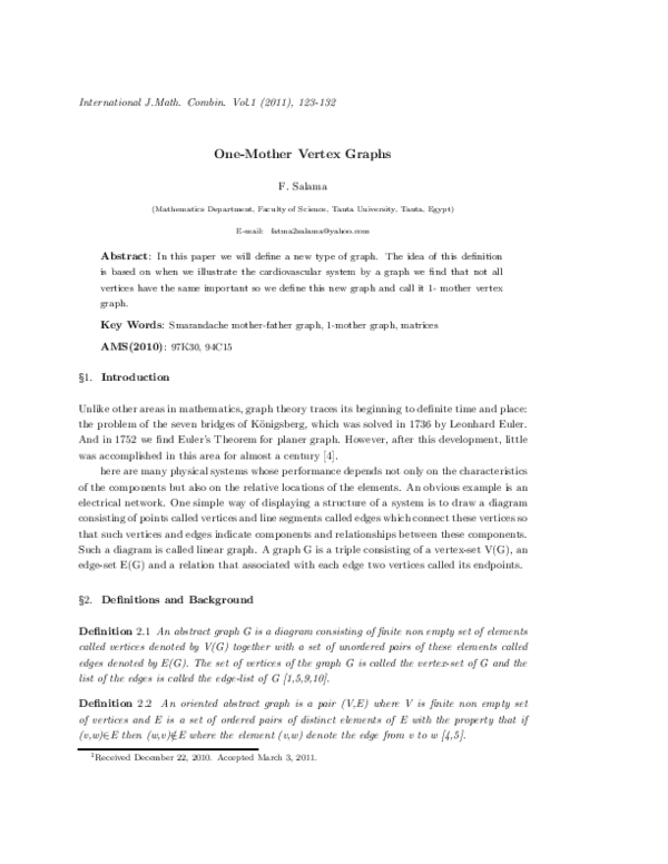(PDF) One-Mother Vertex Graphs