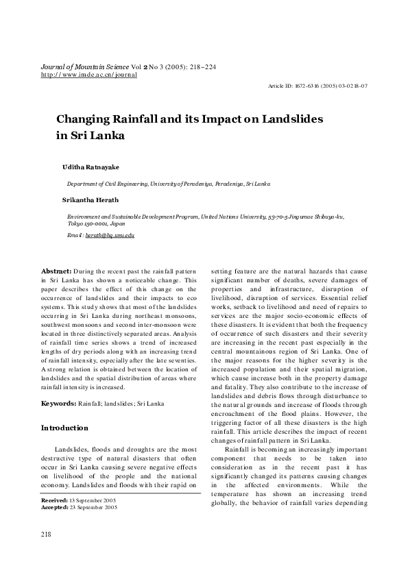 (PDF) Changing rainfall and its impact on landslides in Sri Lanka | Srikantha Herath - Academia.edu