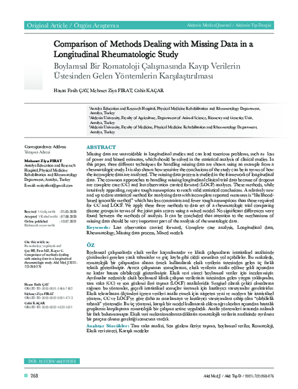 (PDF) Comparison of Methods Dealing with Missing Data in a Longitudinal Rheumatologic Study