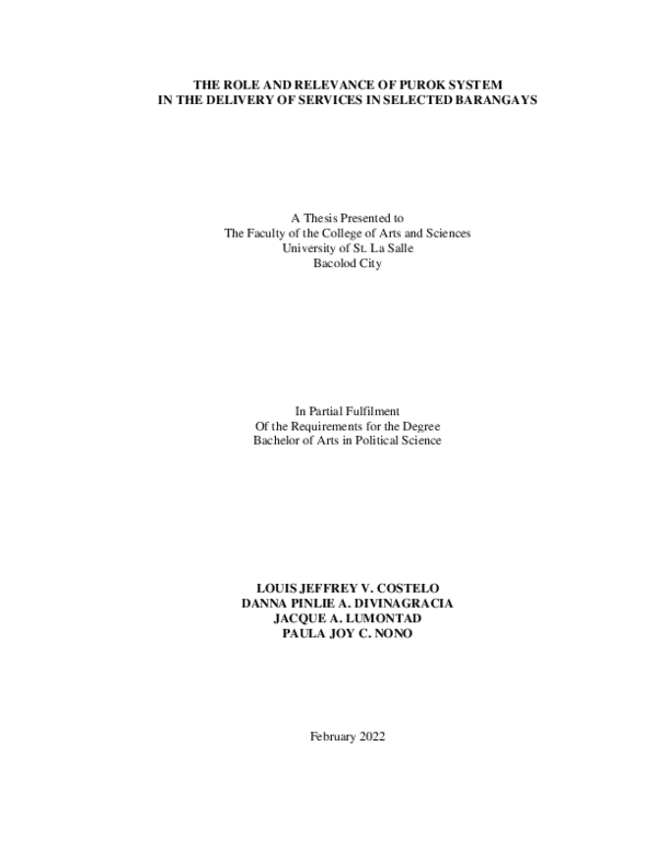 (PDF) THE ROLE AND RELEVANCE OF PUROK SYSTEM IN THE DELIVERY OF ...