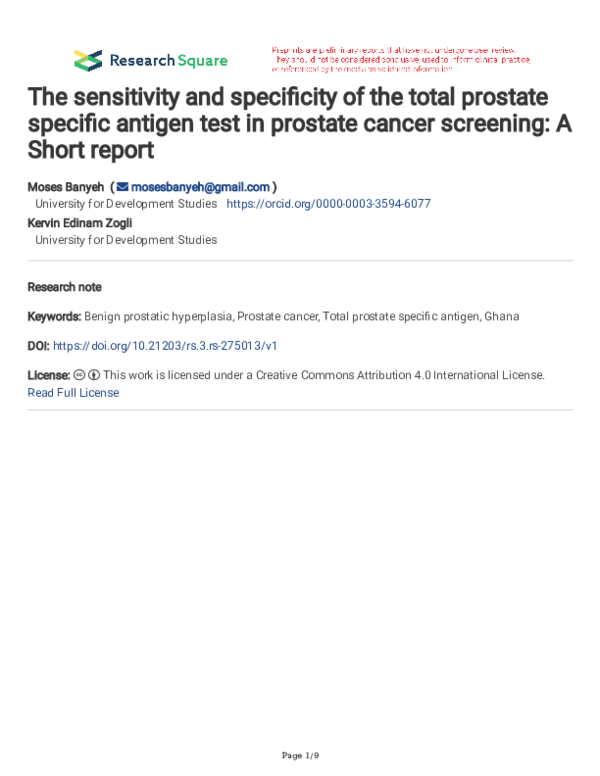 (PDF) The sensitivity and specificity of the total prostate specific ...