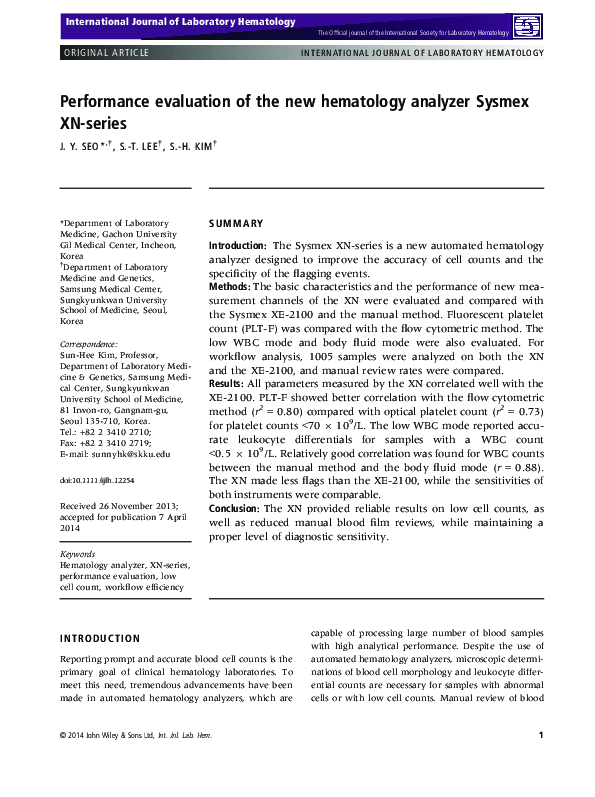Pdf Performance Evaluation Of The New Hematology Analyzer Sysmex Xn Series