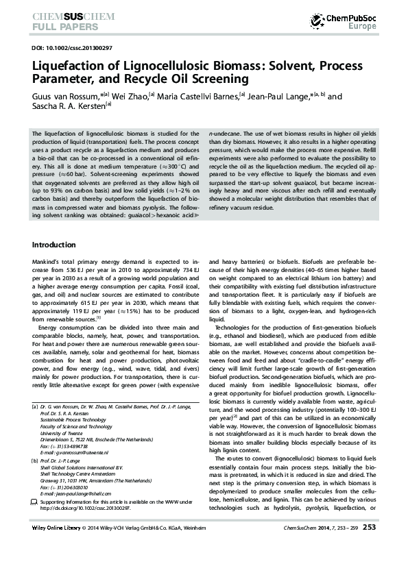 (PDF) Liquefaction of Lignocellulosic Biomass: Solvent, Process Parameter, and Recycle Oil Screening