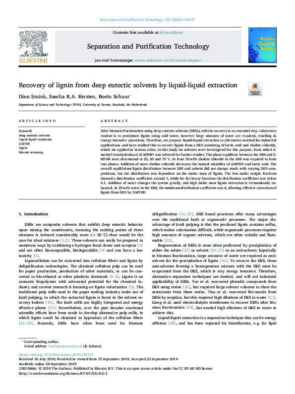 (PDF) Recovery of lignin from deep eutectic solvents by liquid-liquid ...