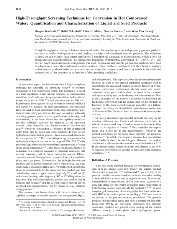 (PDF) High-Throughput Screening Technique for Conversion in Hot Compressed Water: Quantification ...