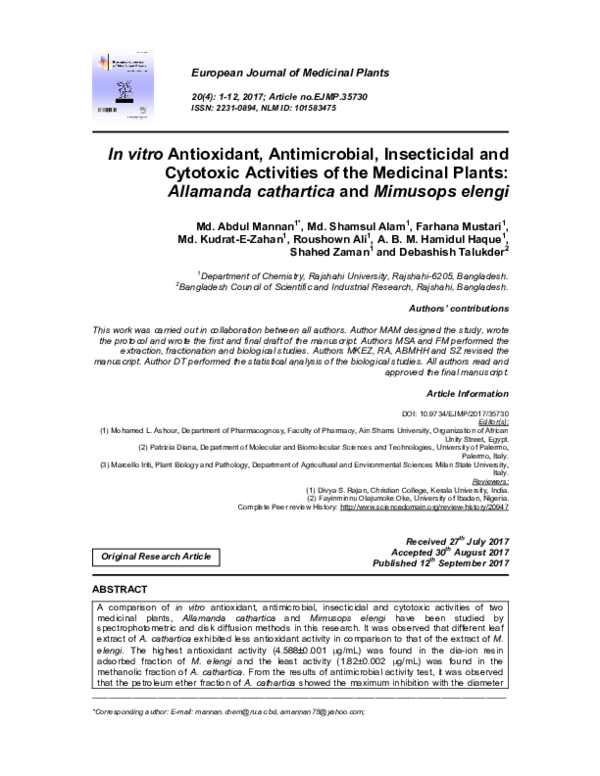 (PDF) In vitro Antioxidant, Antimicrobial, Insecticidal and Cytotoxic Activities of the ...