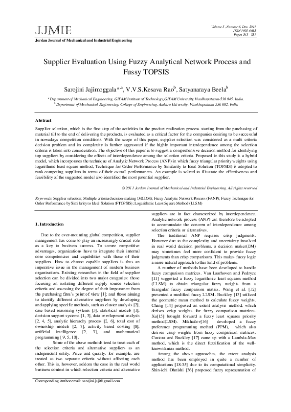 Pdf Supplier Evaluation Using Fuzzy Analytical Network Process And Fussy Topsis